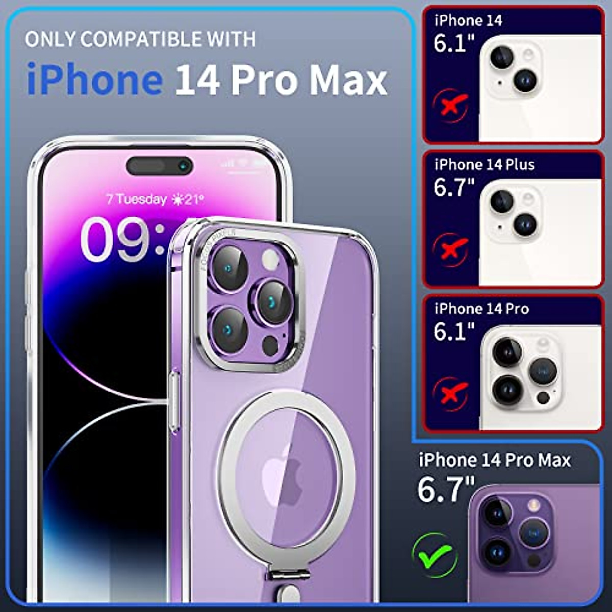 niufoey Magnetic Case for iPhone 14 Pro Max Clear Case with Invisible Stand,[Compatible with Mag Safe][Translucent Matte Case][Tempered Glass Screen Protector+Camera Lens Protector] 6.7 Inch, Clear