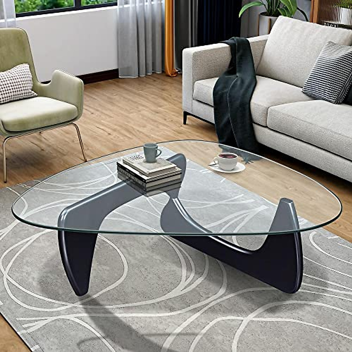 Noguchi Table Triangle Glass Coffee Table with Solid Wood Base, Modern Tempered Glass Accent Table, Sofa Side Table for Living Room Patio Study Office Hotel (Black, 0.472in)