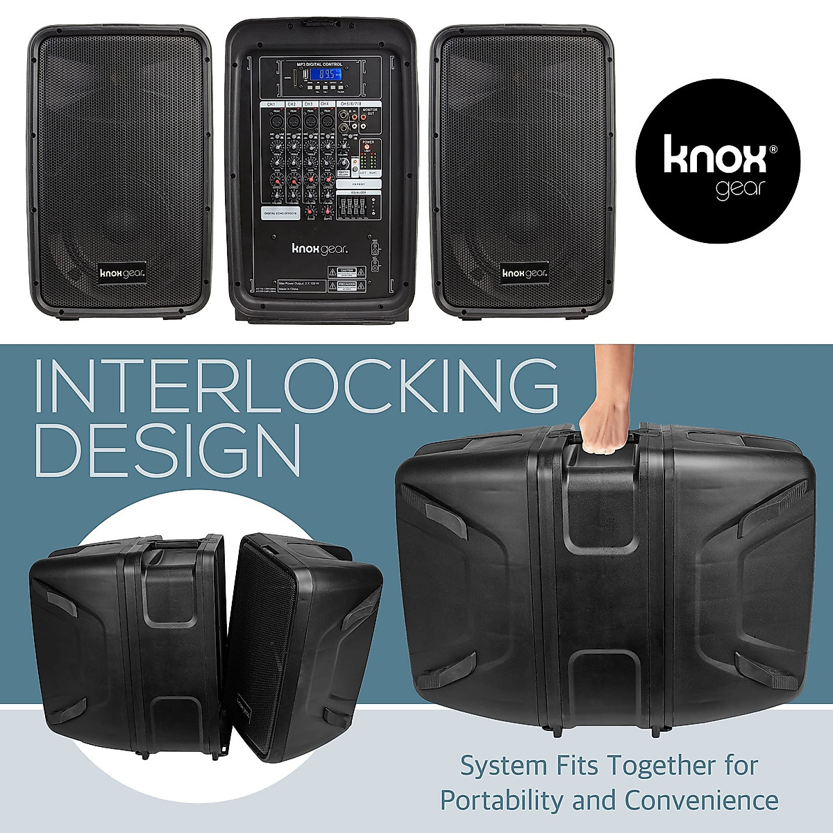 Knox Gear Dual Speaker and Mixer Set–Portable 8” 300 Watt DJ PA System with Wired Microphone & Tripod Stands, Amplifier, Bluetooth, USB, SD, 1/4” Line RCA, XLR Inputs, Ideal for a party or event