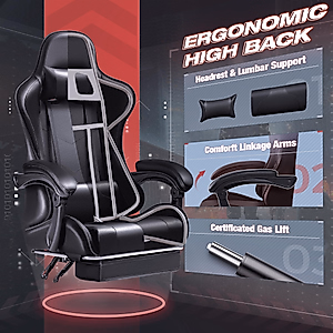 Furmax Gaming Chair, Video Game Chair with Footrest and Massage Lumbar Support, Swivel Seat Height Adjustable Computer Chair with Headrest, Racing E-Sport Gamer Chair (Black)