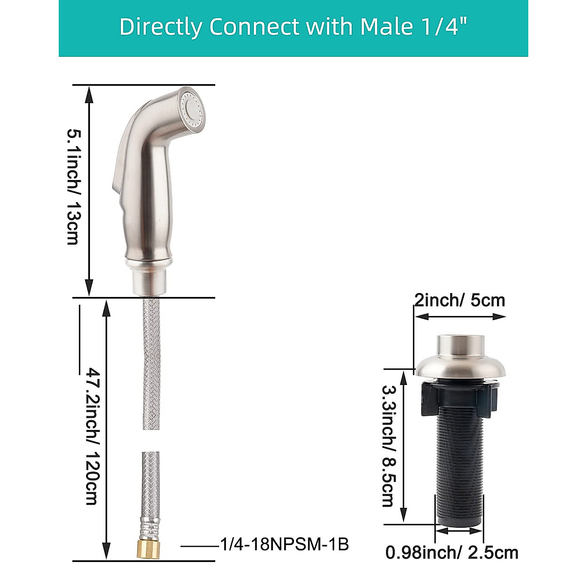 Hygie Rinse Kitchen Sink Side Sprayer with Quick Side Connector Compatible with Moen Faucet Head Replacement, Kitchen Sink Faucet Sprayer Attachment with Water Hose/Holder, Brushed Nickel Finish