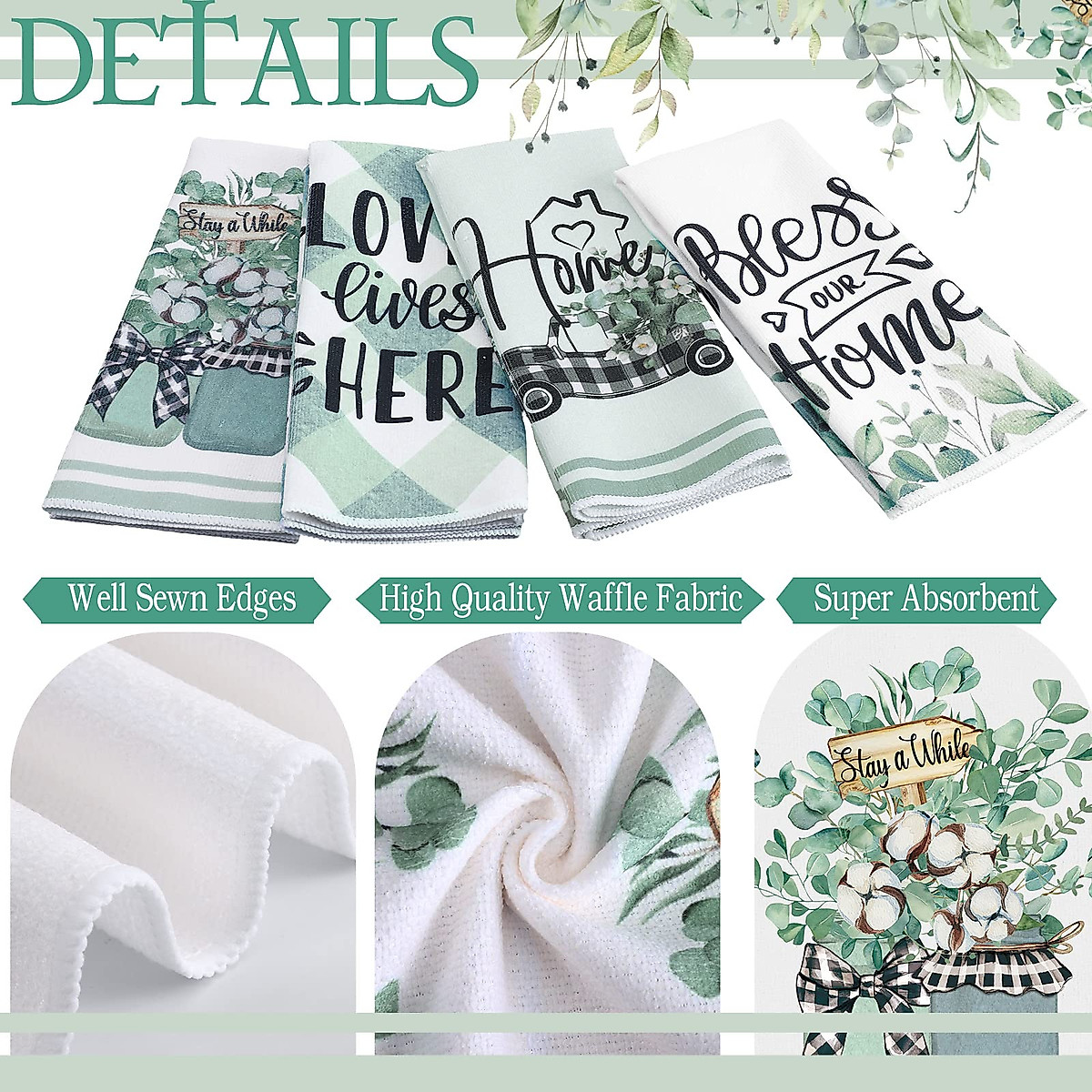 Kajaia 6 Pcs Spring Kitchen Towels Eucalyptus Leaves Hand Towels 15.7 x 23.6 Inch Summer Green Dish Towel Farmhouse Absorbent Decorative Tea Towels Dishcloths for Home Bathroom Decor Housewarming Gift