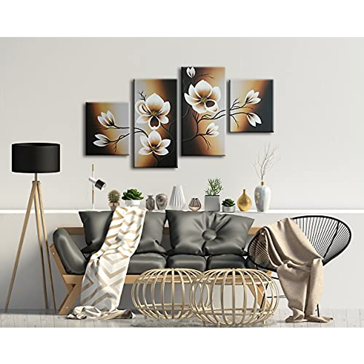 100% Hand-painted Wood Framed Abstract Floral Oil Painting on Canvas Warm Day Yellow Flowers Bloom Ready to Hang for Living Room Bedroom Home Decorations 4pcs/set