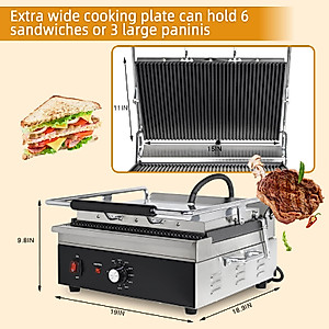 EASYROSE Panini Press Sandwich Maker 6 Slice Commercial Sandwich Press Grill, Electric Panini Maker with 15"x11" Non-Stick Iron Plate, 32-572°F Temp Control Indoor Grill for Steak, 1800W (CPG-175)