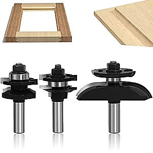 OLETBE 3 PCS Router Bit Set, 1/2-Inch Shank Round Over Raised Panel Cabinet Door Rail and Stile Router Bits, Woodworking Wood Cutter, Wood Carbide Groove Tongue Milling Tool(Silver)