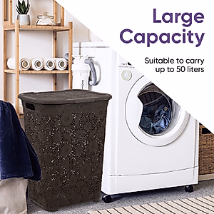 Superio Laundry Hamper with Lid Lace Design 50 Liter - Brown Laundry Hamper Basket with Cutout Handles, Rectangular Shape Modern Style Bin -Dirty Cloths Storage