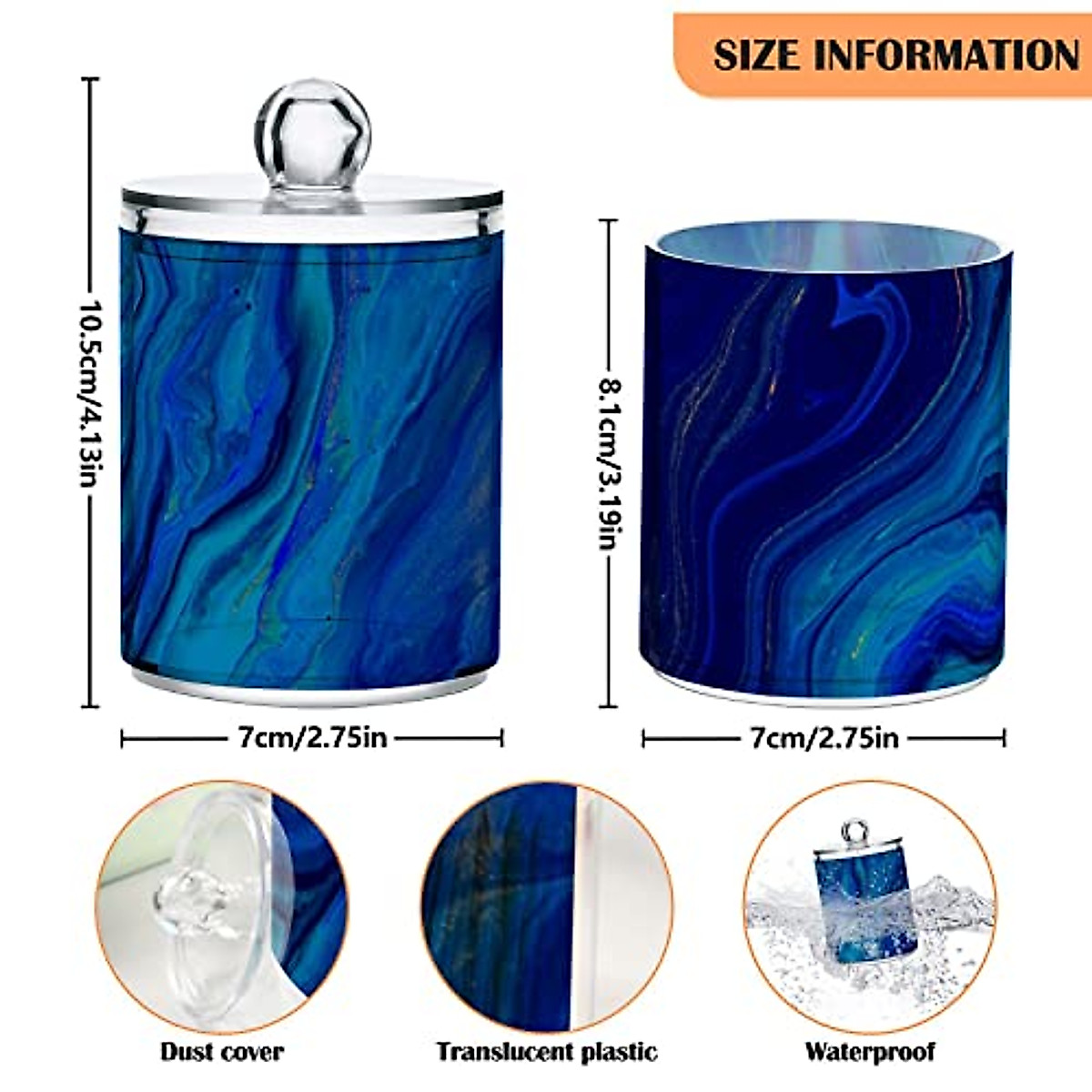 2 Pack Qtip Holder Organizer Dispenser Navy Blue Marble Bathroom Storage Canister Cotton Ball Holder Bathroom Containers for Cotton Swabs/Pads/Floss