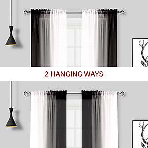 Melodieux Black Ombre Sheer Curtains 84 Inches Long for Living Room, Bedroom Chiffon Black White Gradient Rod Pocket Voile Drapes, 52 by 84 Inch, 2 Panels