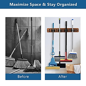 jabrand Broom Holder Wall Mount, Wood Mop and Broom Hanger with 4 Slots and 5 Hooks Laundry Room Organizer Tool for Home Garden Garage Yard Kitchen Closet Organization Storage Garden