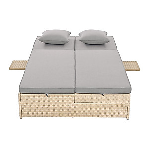 WILLIAMSPACE Outdoor Double Chaise Lounge Sunbed Patio Daybed with Adjustable Backrest & Cushions, Wicker Rattan Patio Reclining Daybed with Foldable Cup Trays for Lawn, Poolside (Brown)