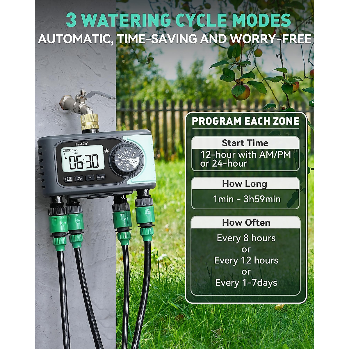 RAINPOINT Sprinkler Timer, 4 Outlets Hose Timer with Brass Inlet, Water Timer with Rain Delay/Manual/Automatic Timed Controller System, Programmable Digital Irrigation Timer for Lawn Yard, 4 Zone
