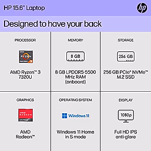 HP 15 Laptop, FHD Display, AMD Ryzen 3 7320U, 8 GB RAM, 256 GB SSD, AMD Radeon Graphics, Windows 11 Home in S Mode, 15-fc0010nr (2023), Silver