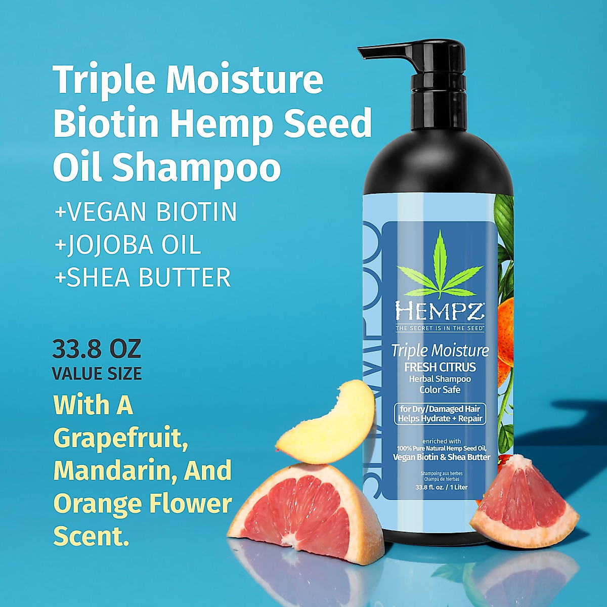 Hempz Biotin Hair Shampoo - Triple Moisture Fresh Citrus - Peach & Grapefruit - For Growth & Strengthening of Dry, Damaged and Color Treated Hair, Hydrating, Softening, Moisturizing 33.8 Fl OZ