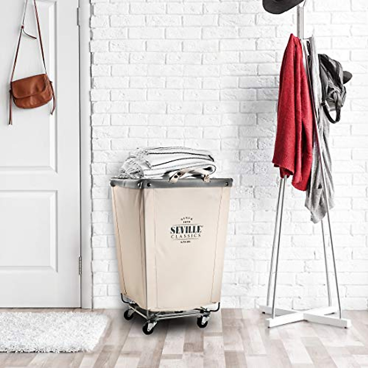 Seville Classics Large Commercial Heavy Duty Rolling Steel Frame Laundry Hamper Canvas Cart Bin, w/ Wheels for Hotel, Home, Closet, Bedroom (PATENTED), Cream, 18.1" D x 18.1" W