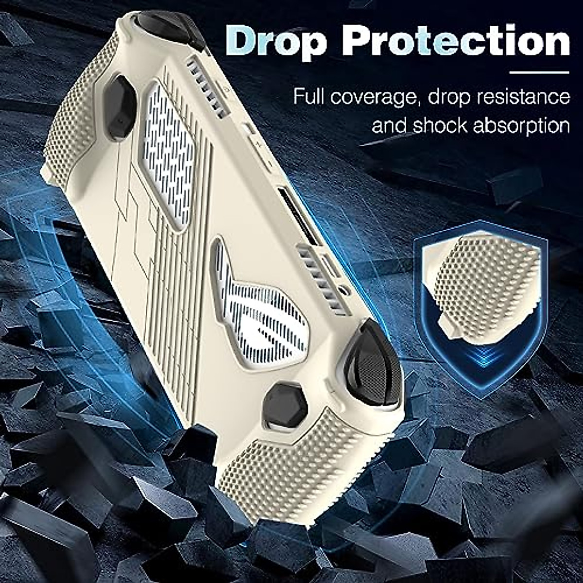 SUIHUOJI for Rog Ally Stand Protective Case, Silicone Accessories Protector, Soft Cover Skin Shell with 2 Pairs Thumb Grips Caps, Full Protection Kickstand for ASUS Rog Ally Handheld (Off White)