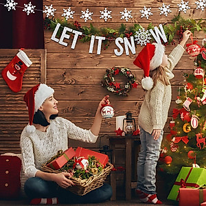 2 Pieces Let It Snow Banner, Glitter Winter Snowflake Banner and White Snowflake Hanging Garland Flag for Holiday Wall Decoration Christmas Party Supply