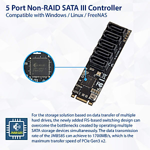 IO CREST Internal 5 Port Non-RAID SATA III 6GB/s M.2 B+M Key Adapter Card for Desktop PC Support SSD and HDD. JMB585 Chipset