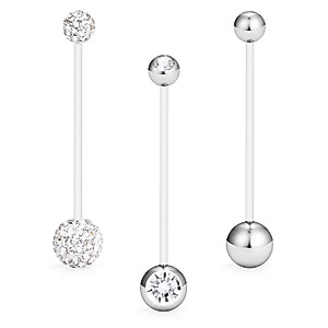 Hoeudjo 14G 1 1/2 Inch CZ Sports Pregnancy Maternity Flexible Bioplast Long Belly Button Rings Navel Retainer Body Piercing Set of 3 Silver