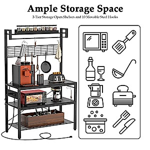 Bakers Rack with Power Outlet, 4-Tier Microwave Oven Stand, Coffee Bar Station with 10 Hooks, Large Kitchen Storage Shelf with Hutch, Black