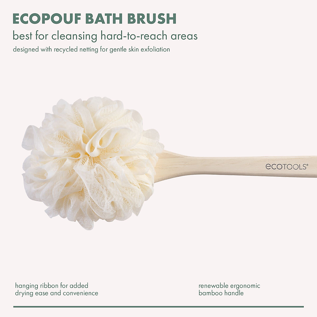 EcoTools EcoPouf Bath Brush, Loofah Brush for Bath & Shower, Made with Long Handle & Recycled, Soft Netting for Gentle Exfoliation, Back Brush for Men & Women, Eco-Friendly & Cruelty-Free, 1 Count