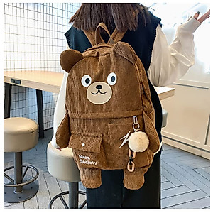 Aoakva Kawaii Bear Corduroy Backpack Cute for Teen Girl Boy Middle School Large Size (Brown)