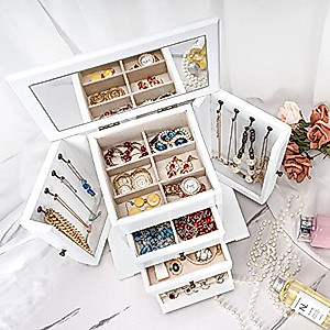 Emfogo Jewelry Box for Women, Rustic Wooden Jewelry Boxes & Organizers with Mirror, 4 Layer Jewelry Organizer Box Display for Rings Earrings Necklaces Bracelets (Weathered White)