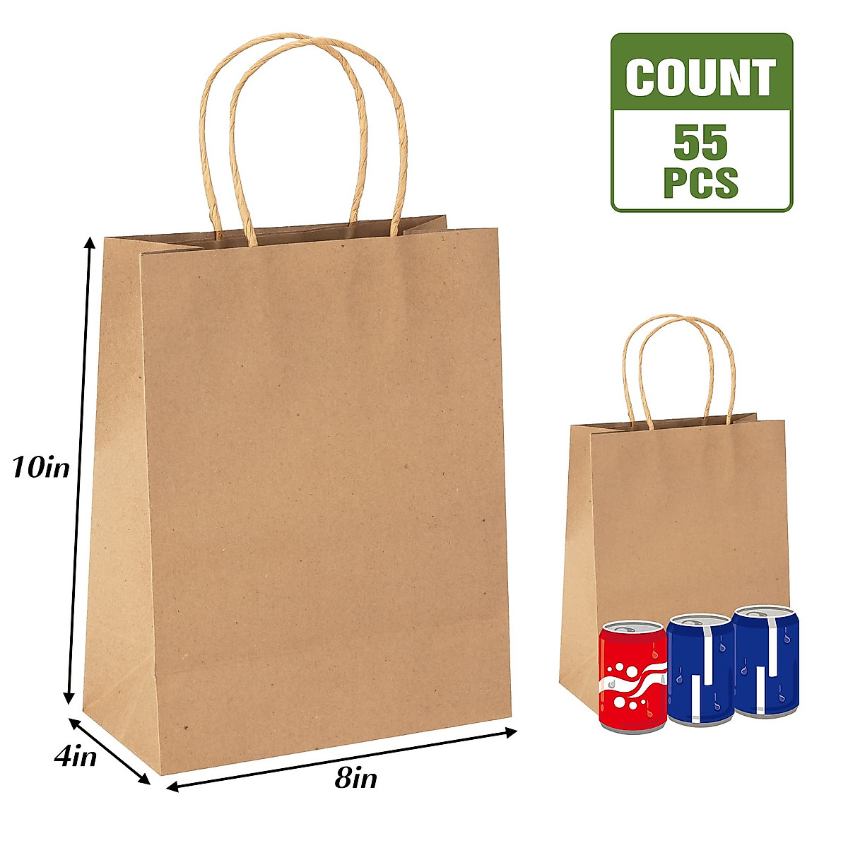 Moretoes 55pcs Gift Bags with Handles, 8x4x10 Inch Gift Bags Medium Size, Paper Bags for Small Business, Brown Paper Gift Bags