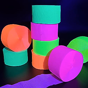 800feet Blacklight Party Streamer Decorations 8 Rolls Glow Crepe Paper UV Reactive Fluorescent Neon Paper Streamers Glow Party Supplies and Decorations for Wedding, Birthday, Neon Party, Fiesta Party