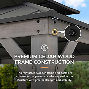 SUNJOY 12 x 20 ft. Wood Gazebo, Outdoor Patio Aluminum Hardtop Gazebo, Cedar Framed Wooden Gazebo with 2-Tier Roof, Suitable for Patios, Lawn and Backyard, Matte Black Roof + Gray Wood Frame