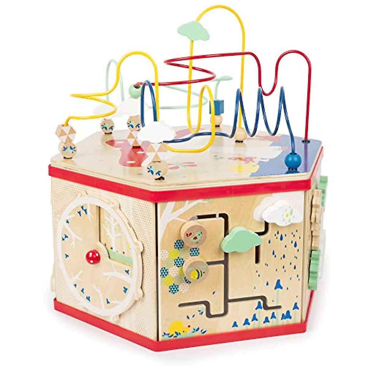 Wooden Activity Cube XL Size by Small Foot – Classic 7-Sided Interactive Toy with Bead Maze, Puzzle, Shape Sorter, Clock & Wheels - Develops Kids Dexterity, Motor Skills – Age 12+ months