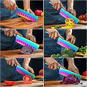 WELLSTAR Nakiri Knife 7 Inch, Razor Sharp German Stainless Steel Meat Vegetable Cleaver, Multi-purpose Asian Kitchen Knife for Home Chef’s Cooking with Rainbow Titanium Coating, Strong Durable Handle