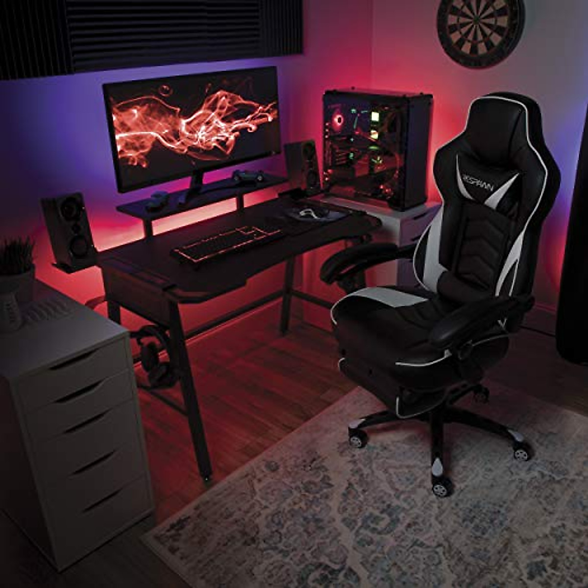 RESPAWN 110 Ergonomic Gaming Chair with Footrest Recliner - Racing Style High Back PC Computer Desk Office Chair - 360 Swivel, Adjustable Lumbar Support, Headrest Pillow, Padded Armrests - 2019 White