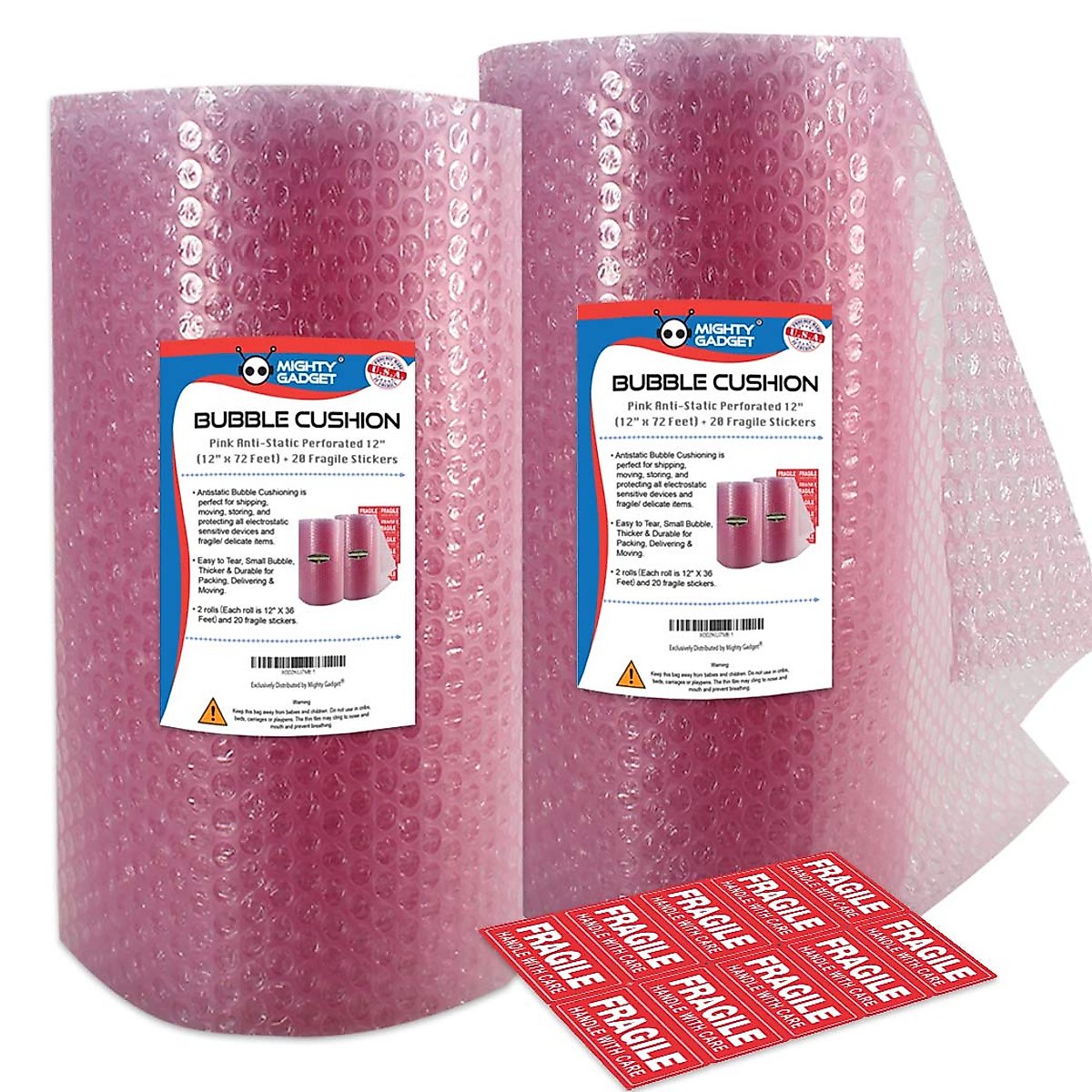 Mighty Gadget Pink Anti-Static Bubble Cushioning Wrap Rolls for Moving & Packaging with Perforated Line Every 12"(12" x72 Feet, 36’/Roll) + Free Fragile Labels