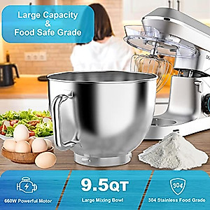 9.5QT Standing Mixer, DOBBOR 7 Speeds 660W Tilt-Head Kitchen Dough Mixer, Electric household mixers with Dough Hook, Whisk, Beater, Splash Guard & Mixing Bowl for Baking - Silver