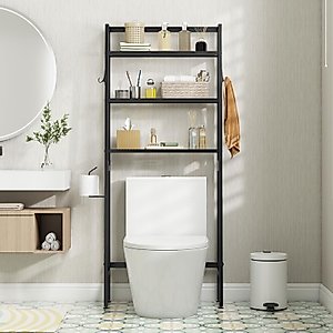 Giantex Over The Toilet Storage Shelf - 3-Tier Freestanding Above Toilet Rack with Adjustable Bottom Bar, Paper Holder, 2 Side Hooks, Metal Bathroom Organizer Shelf, Space Saving Toilet Shelf (Black)