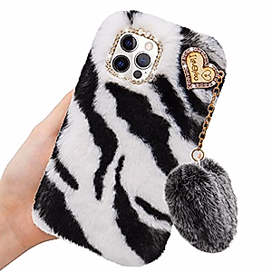 Furry Case for Samsung Galaxy S21 FE 5G, Girlyard Soft Fluffy Plush Faux Rabbit Fur Warm Hairy Shockproof Silicone Bumper Protective Cover with Cute Love Heart Hair Ball Pendant - Zebra White