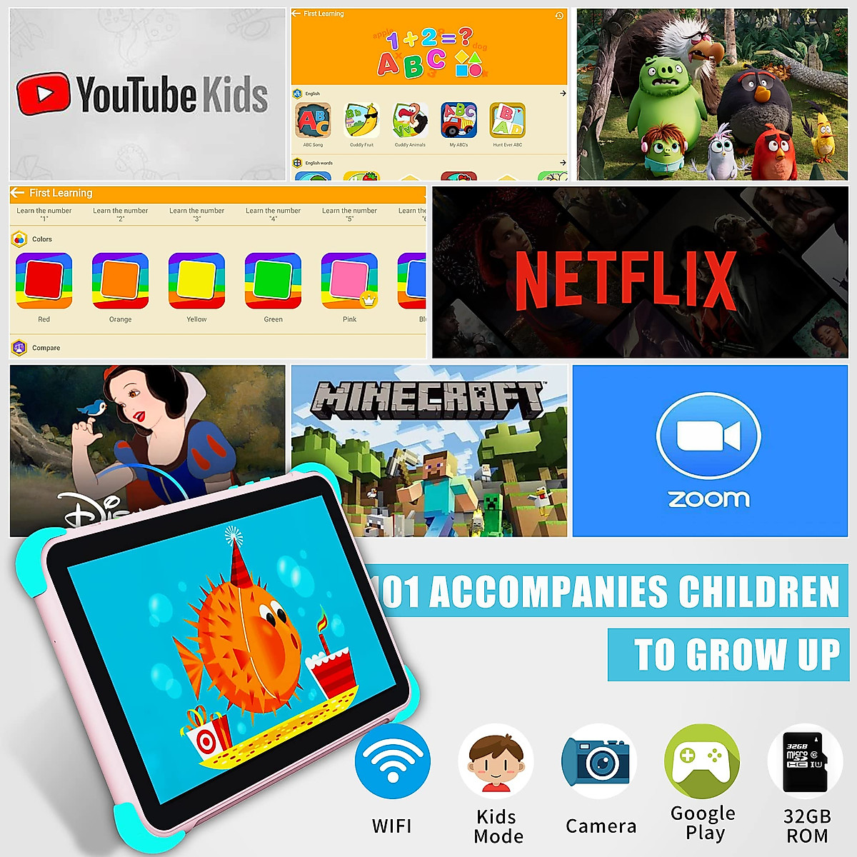 YINOCHE Tablet for Kids 10 Kids Tablet for Toddlers Tablet 32G Kids Learning Tablets for Kids Android Children Tablet WiFi,IPS Touch Screen,Parental Control Dual Camera Kid Tablet YouTube Neflix(Pink)