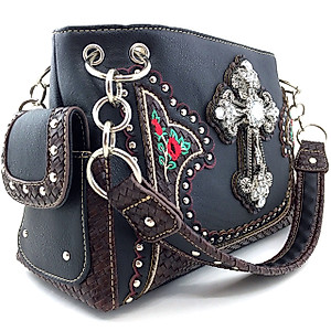 Justin West Rhinestone Cross Embroidery Flowers Leather Weave Pattern Concealed Carry Handbag Purse (Black)