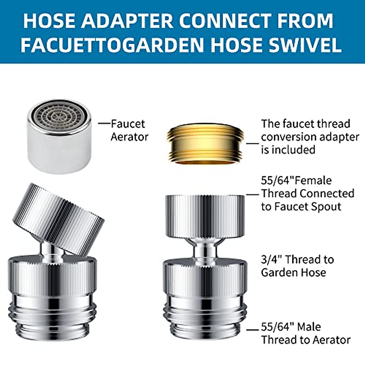 Hibbent Garden Hose to Faucet Adapter, Sink Garden Hose Attachment Connection for Sink kitchen Sink Garden Hose Adapter Connector 360-degree Swivel 55/64 inch Female Thread- Chrome Finished
