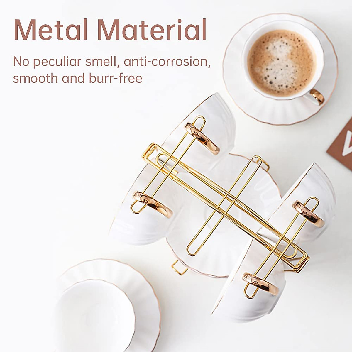 oAutoSjy Coffee Cup Holder Coffee Cup Rack Stand with 6 Hooks, Detachable Coffee Mug Holder Stand, Cup and Saucer Countertop Storage Organizer Wrought Iron Mug Drainer Drying Rack Gold Mug Hanger Rack