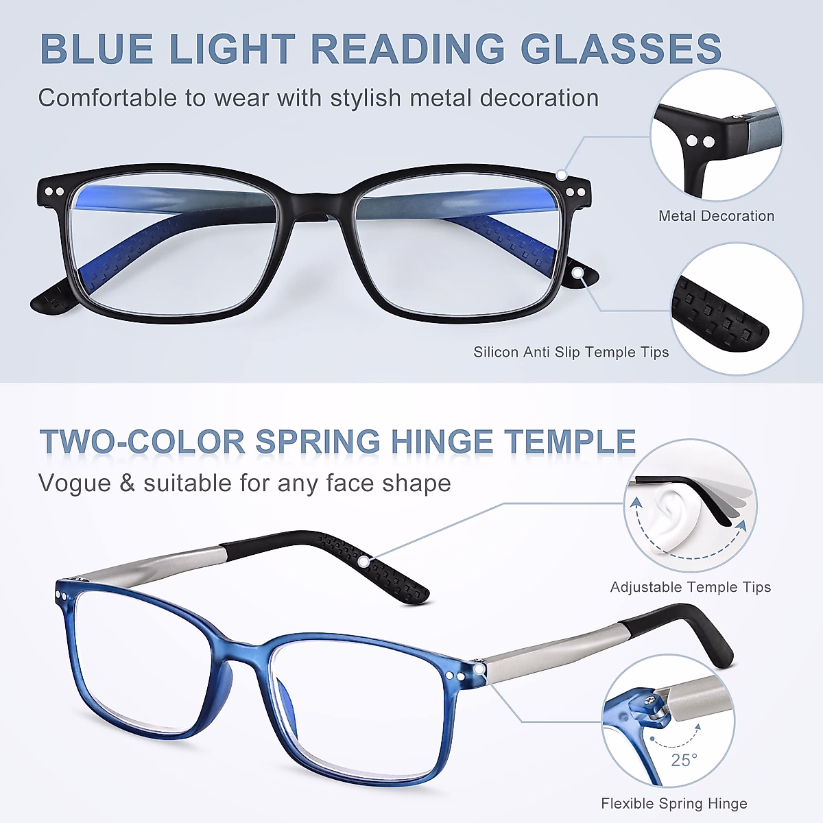 EASY READ 2 Pairs Sporty Style Reading Glasses for Men，Rectangular TR90 Blue Light Blocking Readers with Spring Hinge(Magnification 1.50,Black/Blue)