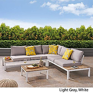 GDFStudio Leo Outdoor Aluminum and Wood V-Shaped Sofa Set with Cushions, Light Gray and White