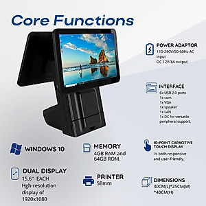 Multzo All in One Point of Sale M9W with 15.6'' Dual Touch Screen. Windows 10 OS and an i3 Processor. Touch Pos with 58mm Thermal Printer for Receipts Wi-fi, 4GB RAM and 64GB ROM. (Black)