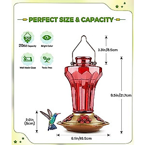 BOLITE 18018-R Hummingbird Feeder, Glass Hummingbird Feeder for Outdoors, Tower Shape Bottle, 20 Ounces, Red