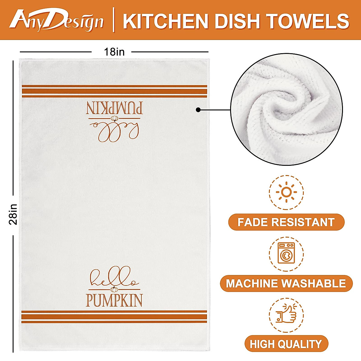 AnyDesign Fall Kitchen Dish Towel 18 x 28 Inch Hello Pumpkin Thanksgiving Harvest Tea Towel Autumn Orange White Dishcloth Rustic Farmhouse Hand Drying Cloth Towel for Kitchen Cooking Baking, 2 Pack