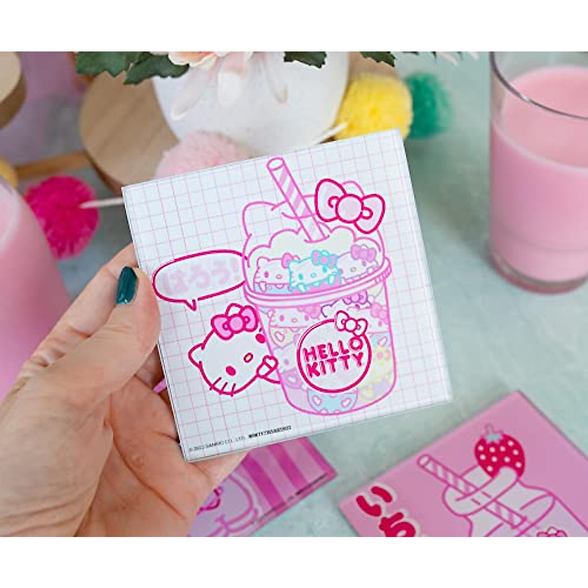 Sanrio Hello Kitty Strawberry Milk Glass Coasters for Drinks, Set of 4 | Tabletop Protection For Home Kitchen, Dining Room Table
