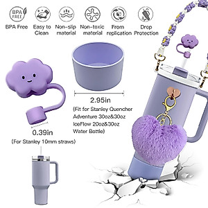 Stanley Tumbler Cup Accessories Set for 20oz 30oz 40oz With Stanley Siliocne Straw Cover，Water Bottle Handle Strap，Stanley Charms，Tumbler Siliocne Cup Boot (Purple)