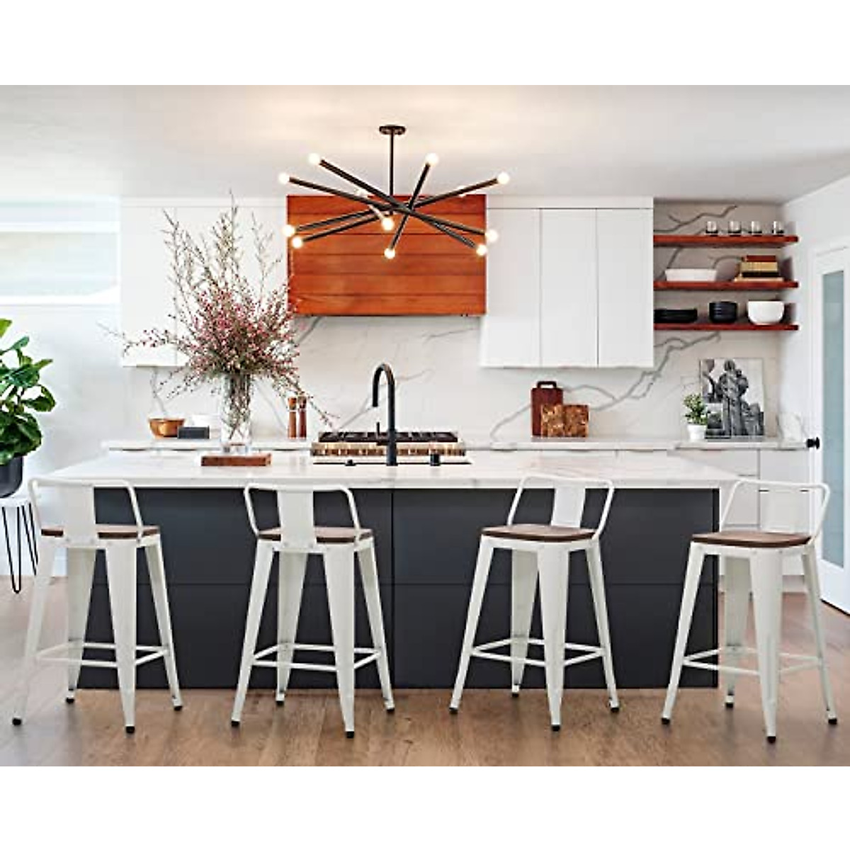 Sophia & William 24 Inch Metal Bar Stools Set of 4 Counter Height Detachable Low Back Bar Stools with Wooden Seat,Indoor/Outdoor Barstools,Creamy White