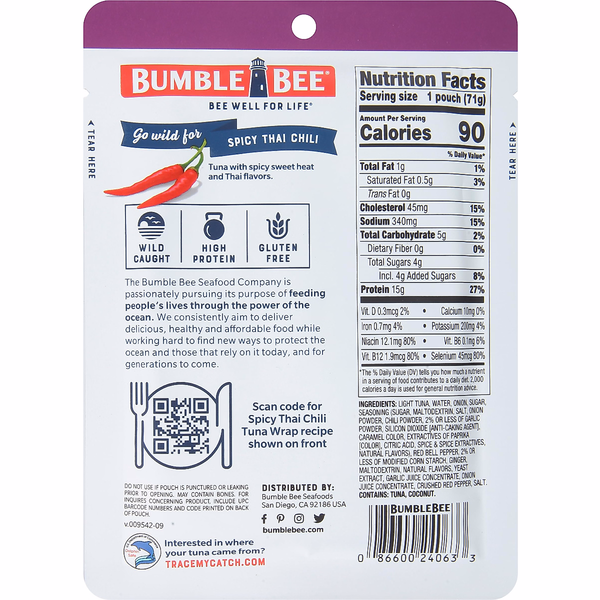 Bumble Bee Spicy Thai Chili Seasoned Tuna, 2.5 oz Pouches (Pack of 12) - Ready to Eat - Wild Caught Tuna Pouch - 15g Protein per Serving - Gluten Free
