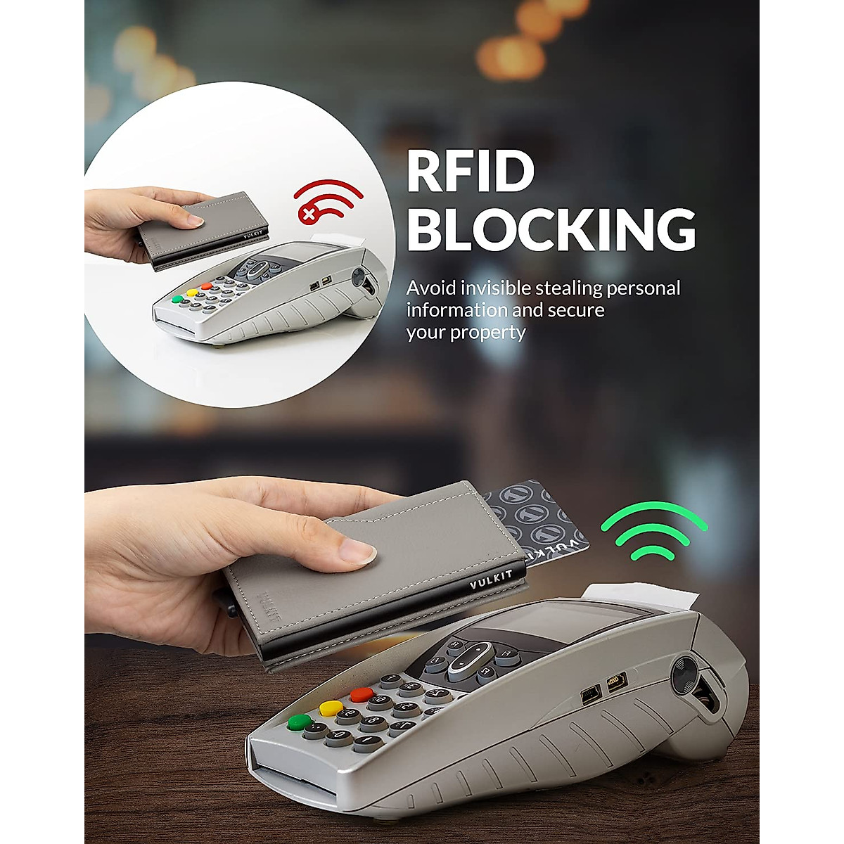 VULKIT Card Holder Wallet for Mens with ID Windows RFID Blocking Pop Up Wallet Slim Leather Wallet Holds Up to 12 Cards Men's Card Case, Iron Grey